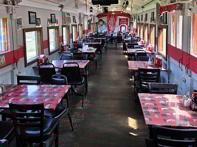 Step inside and you're transported to a world where train travel meets team spirit. The narrow dining car somehow feels both intimate and expansive.