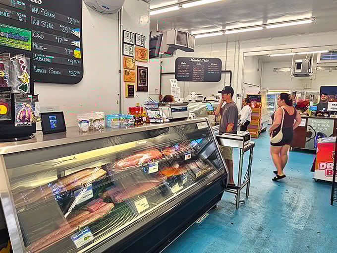 Inside this unassuming market, treasures from the deep await behind spotlessly clean glass display cases.