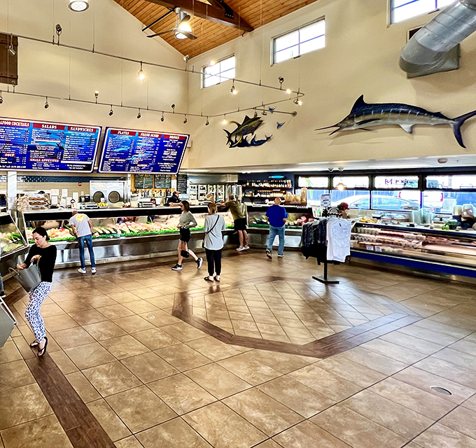 High ceilings, mounted fish, and display cases that stretch for days &ndash; this isn't just a market, it's a seafood cathedral.