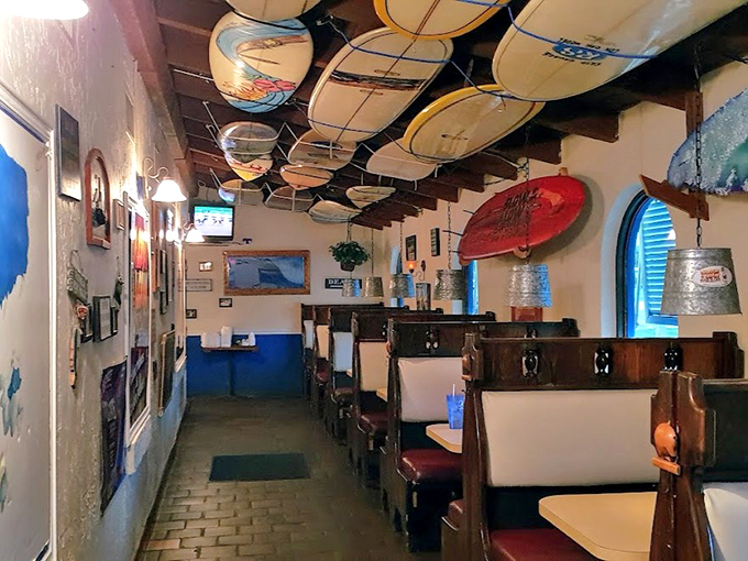 Surfboards suspended from the ceiling create a uniquely Floridian BBQ atmosphere. It's like eating ribs in a wave rider's trophy room.