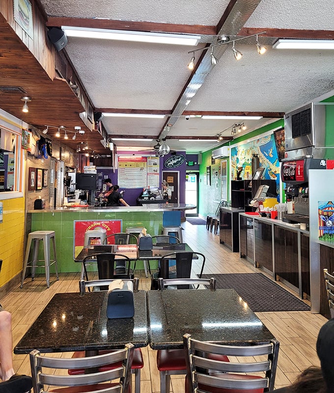 A kaleidoscope of colors greets you inside, where the d&eacute;cor might be whimsical but the burger business is serious. Very serious.