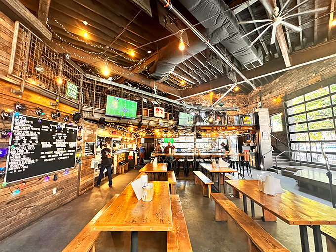 Industrial chic meets Southern comfort in a space where Edison bulbs illuminate your path to meat happiness.