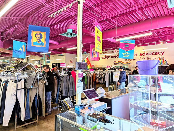 Colorful banners and well-organized racks make browsing a joy rather than a chore. That Frida Kahlo banner? Pure bonus.
