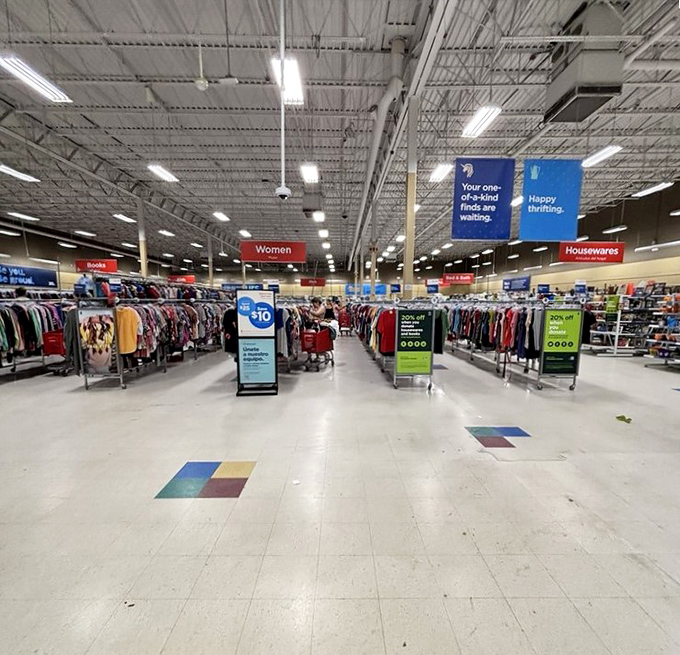 A retail wonderland stretches before you with clear signage and organized aisles. The thrill of the hunt begins where those colorful floor tiles meet.