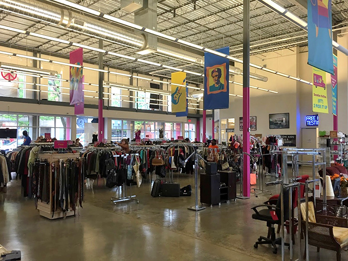 Soaring ceilings, colorful banners, and meticulously organized racks create a shopping experience that's more boutique than bargain bin&mdash;though the prices definitely say "thrift."