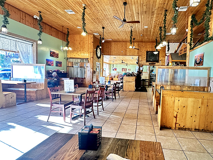 Warm pine ceilings and rustic charm create the perfect backdrop for comfort food indulgence. It's like dining in a cozy mountain cabin, minus the bears and with significantly better coffee. 