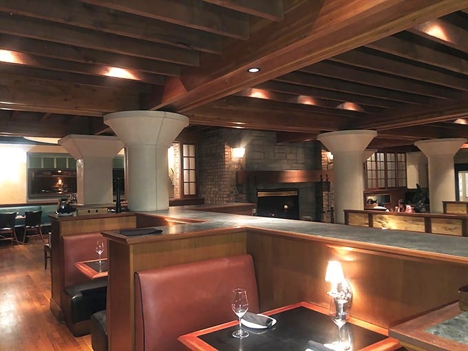 Wooden beams, warm lighting, and leather booths create that magical sweet spot between fancy and comfortable&mdash;where memories are made and diets are forgotten.