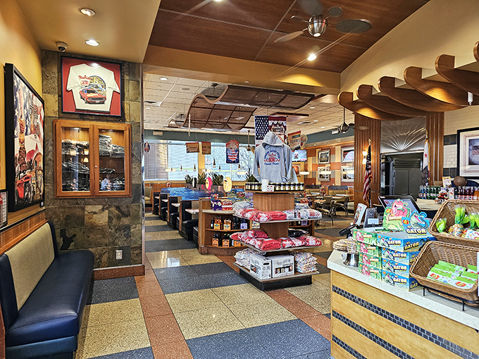 Step inside to a world where checkerboard floors and warm wood tones create the perfect backdrop for comfort food conversations.