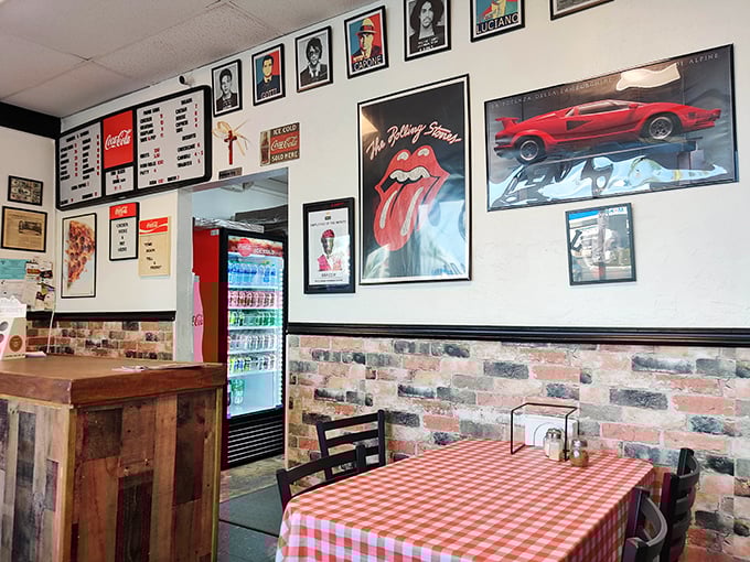 Rock 'n' roll meets red-checkered nostalgia inside, where Rolling Stones memorabilia watches over diners like the patron saints of good taste.