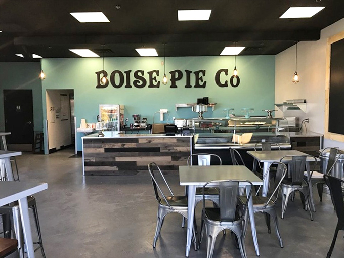 Inside, that signature turquoise wall and industrial-chic metal chairs create a space that's refreshingly unpretentious yet undeniably inviting.