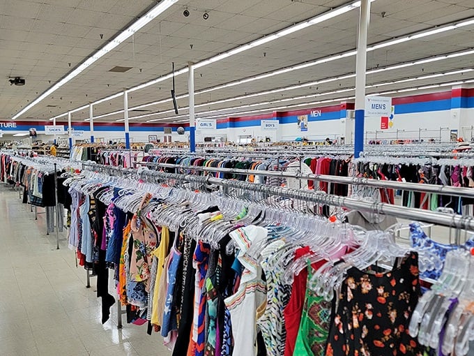 Endless racks of clothing stretch toward the horizon like a textile sea. The meticulous organization here would make even Marie Kondo nod in approval.
