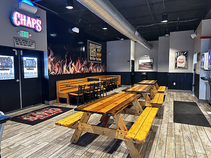 Wooden picnic tables and flame-decorated walls create the perfect no-frills setting for serious meat consumption. Michelin stars are overrated anyway.