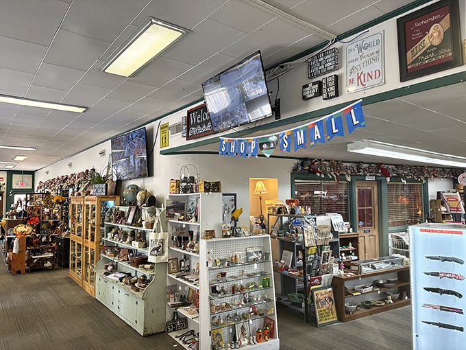 Shelves packed with memories-in-waiting. The "Shop Small" banner isn't just decoration&mdash;it's the philosophy that makes places like this magical time capsules.
