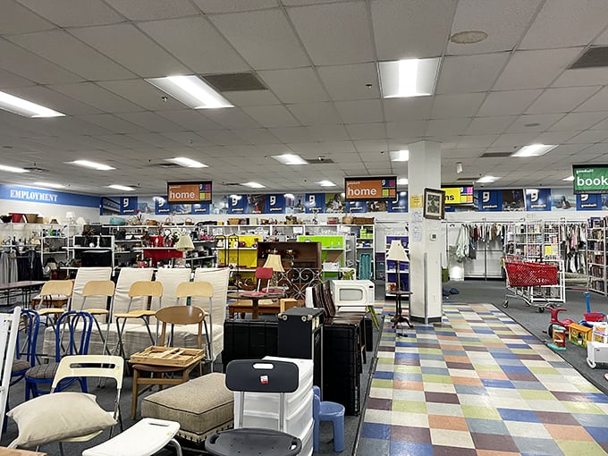 A wonderland of possibility spreads before you. The colorful floor tiles guide shoppers through departments organized with surprising precision.