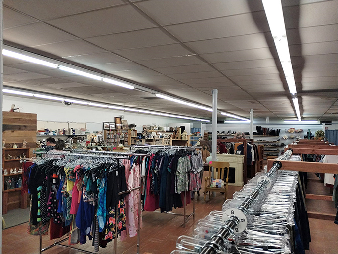 Racks upon racks of clothing stretch into the distance &ndash; a textile landscape where yesterday's fashions await their second act.