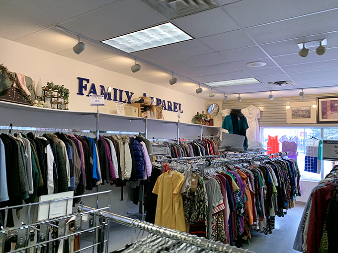 Where "Family Apparel" signage meets rows of pre-loved clothing just waiting for their second act in your wardrobe rotation.