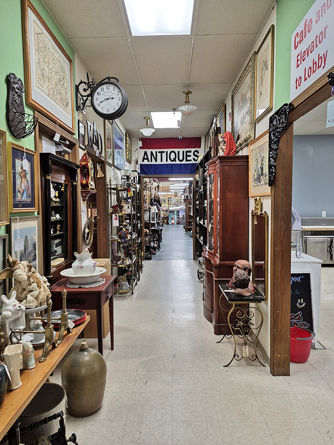 This corridor of collectibles stretches before you like a museum where, miraculously, everything is actually for sale.