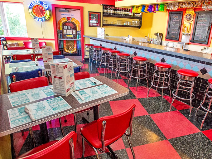 Red vinyl meets checkerboard floors in this technicolor temple to comfort food. The jukebox stands ready for your quarter.