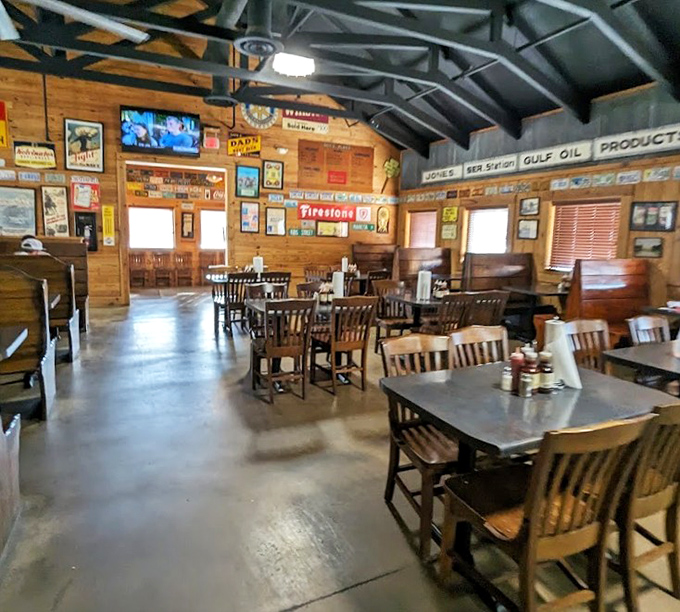 Inside, the wooden walls adorned with vintage signs create a museum of Americana where the only exhibit that matters is what's on your plate.