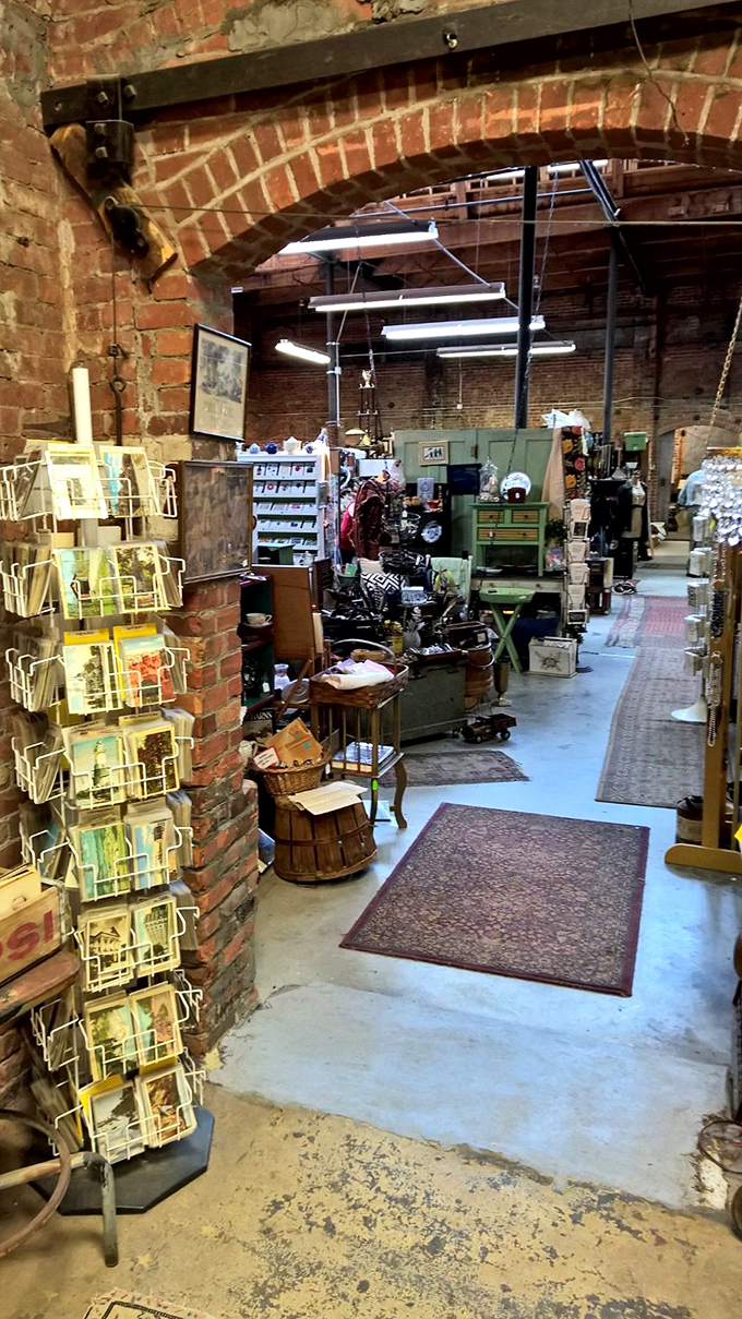 Exposed brick archways frame pathways to different eras. It's like walking through time's living room, if time collected really cool stuff.