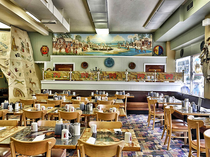 Step inside and you're transported to a world where Native American heritage meets breakfast bliss, complete with historical murals and cozy wooden tables.