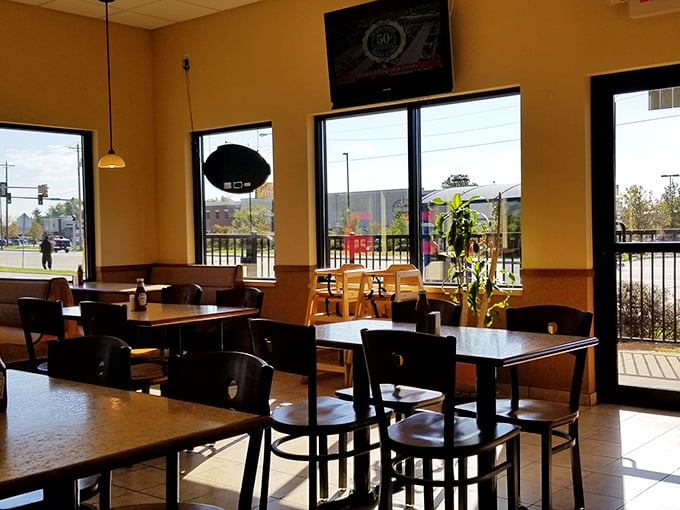 Simple wooden chairs and clean tables create the perfect backdrop for the real star of the show&mdash;the food.