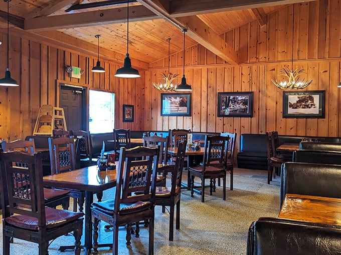 Warm pine paneling and antler chandeliers create the perfect rustic backdrop for serious eating &ndash; like dining in a cozy mountain cabin that happens to serve incredible food.