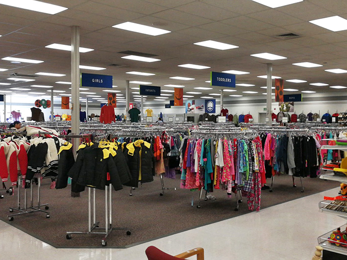 A rainbow of possibilities awaits in the clothing section, where your next favorite outfit is hiding among the racks.