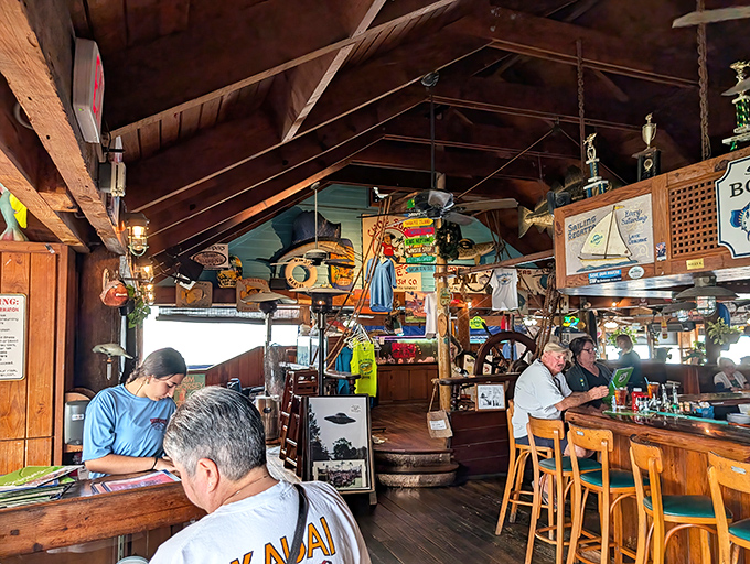 The interior is a seafood lover's dream, with nautical treasures adorning every inch of the rustic wooden beams and walls.