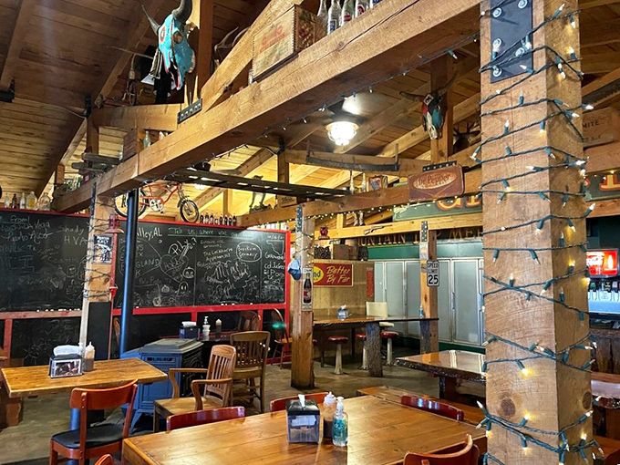 Exposed beams, twinkling string lights, and wooden tables create the perfect rustic backdrop for the meat-centric magic that's about to unfold in your life.