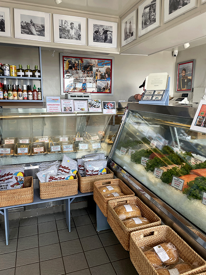 Behind the counter, treasures from the deep await. The fish market display showcases today's catch, proving "fresh" isn't just marketing&mdash;it's their mission.