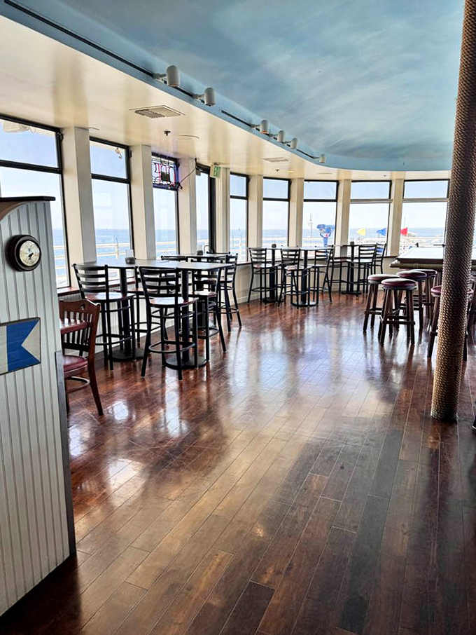 The dining room offers panoramic ocean views that transform a simple meal into dinner theater starring the Pacific as the main character.