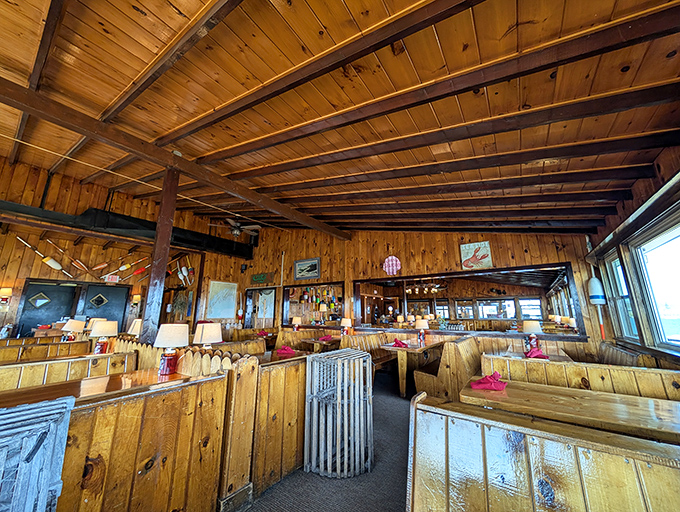 Warm pine paneling wraps around you like a maritime hug &ndash; this isn't designer-distressed, folks, this is authenticity you can't buy at Restoration Hardware.