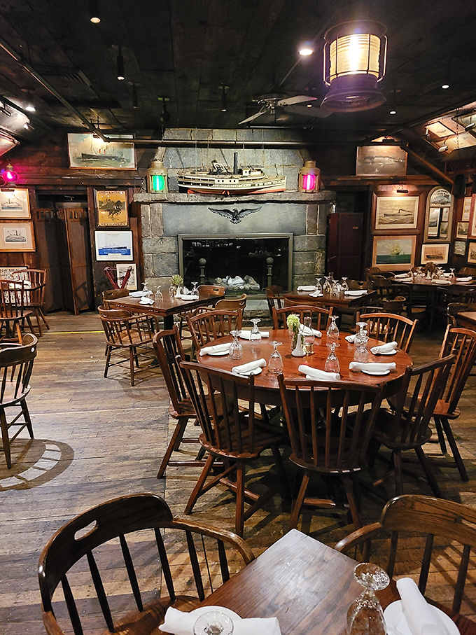 Time travel isn't just science fiction—it's what happens when you step into this dining room with its ship models, maritime paintings, and centuries-old stone fireplace.