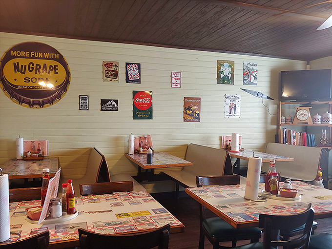 Vintage signs that weren't bought in bulk from a "diner d&eacute;cor" catalog. That NuGrape advertisement has witnessed more breakfast conversations than a morning talk show host.