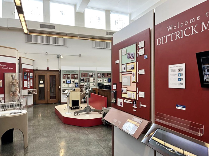 Step into the Dittrick's welcoming lobby where burgundy walls frame centuries of medical innovation. History never looked so invitingly displayed.