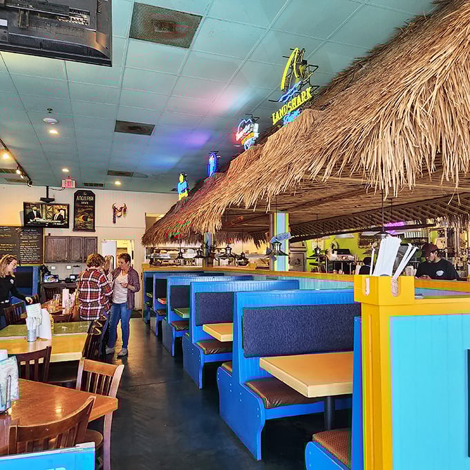 Step inside and the thatched tiki bar roof instantly transports you from North Charleston to some magical beachside burger shack.