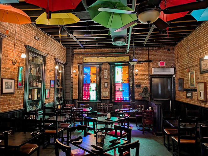 Those colorful umbrellas overhead aren't just whimsical décor – they're conversation starters that make every meal feel like a celebration.