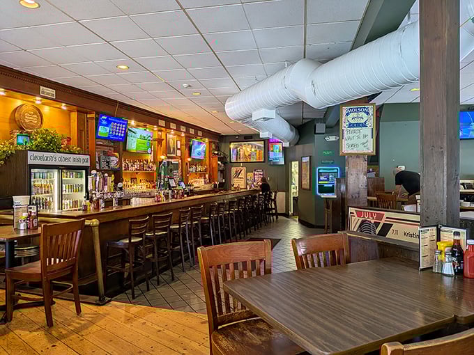 Inside, the perfect pub atmosphere awaits &ndash; wooden bar stools, exposed ductwork, and just enough TVs to catch the game without drowning conversation.