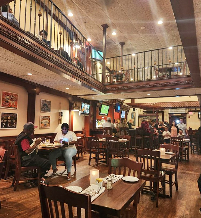 Two-story dining with a mezzanine that feels like the seafood lover's version of stadium seating – everyone gets a good view of the crab cake action.