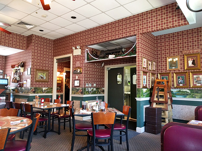 Step inside to find plaid wallpaper and wooden accents creating that perfect "welcome home" vibe, like a warm hug from your favorite aunt who can actually cook.