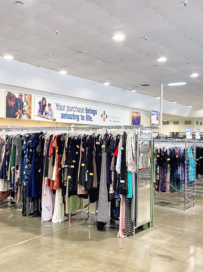 Racks upon racks of possibility. Each hanger holds not just clothing, but stories waiting for their next chapter to begin.