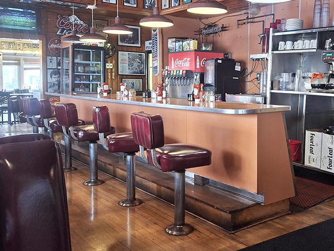 Those vintage red counter stools aren't just seating&mdash;they're front-row tickets to the greatest show on earth: breakfast being made by short-order wizards.