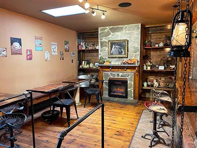 Inside, rustic meets refined with wooden floors, a stone fireplace, and vintage decor. It's the kind of place where calories don't count because you're technically time-traveling.