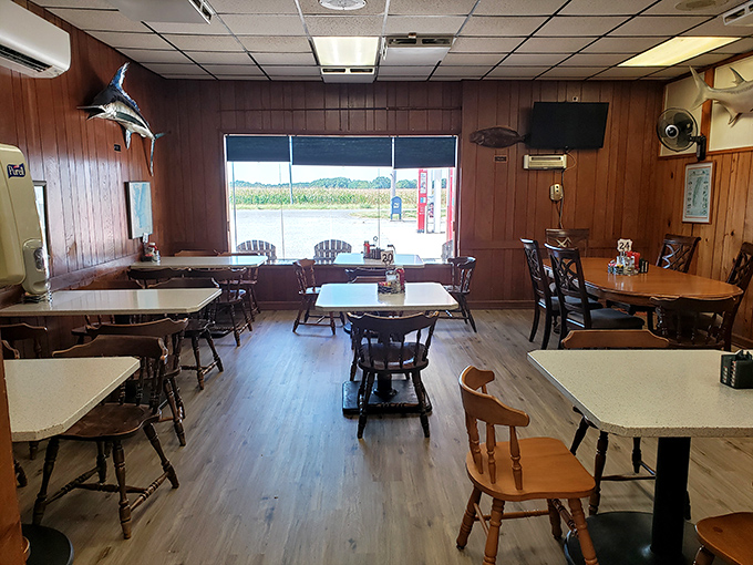 Simple wooden tables and nautical accents create an unpretentious dining room where the food, not the decor, takes center stage.
