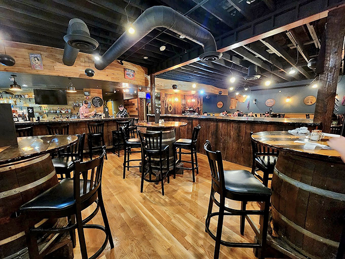 Rustic wooden beams, barrel tables, and that unmistakable steakhouse ambiance &ndash; John Wayne would approve of this cozy dining room.
