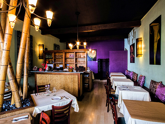 Step inside and the transformation is immediate&mdash;bamboo accents, purple walls, and soft lighting create an atmosphere that whispers, "Slow down, savor every bite, you're not in Silicon Valley anymore."