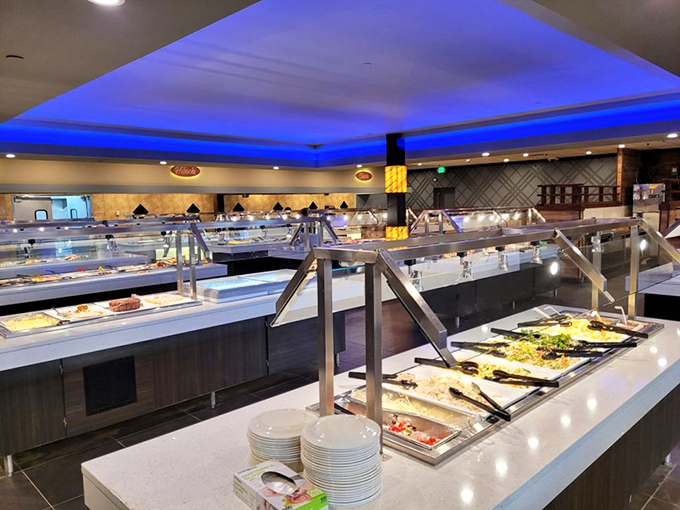 Blue lighting casts a celestial glow over buffet stations that stretch as far as the eye&mdash;and stomach&mdash;can see.
