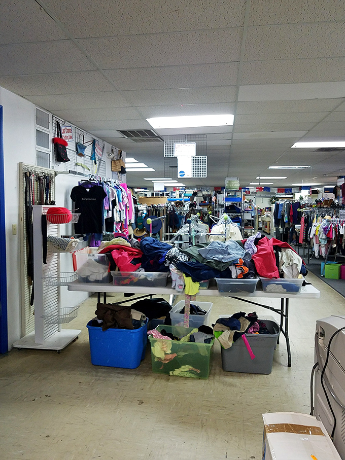 Organized chaos at its finest—bins of clothing await treasure hunters willing to dig for fashion gold.