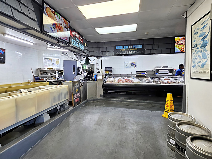 No-nonsense interior where the fish does the talking and the display cases hold today's edible treasures.